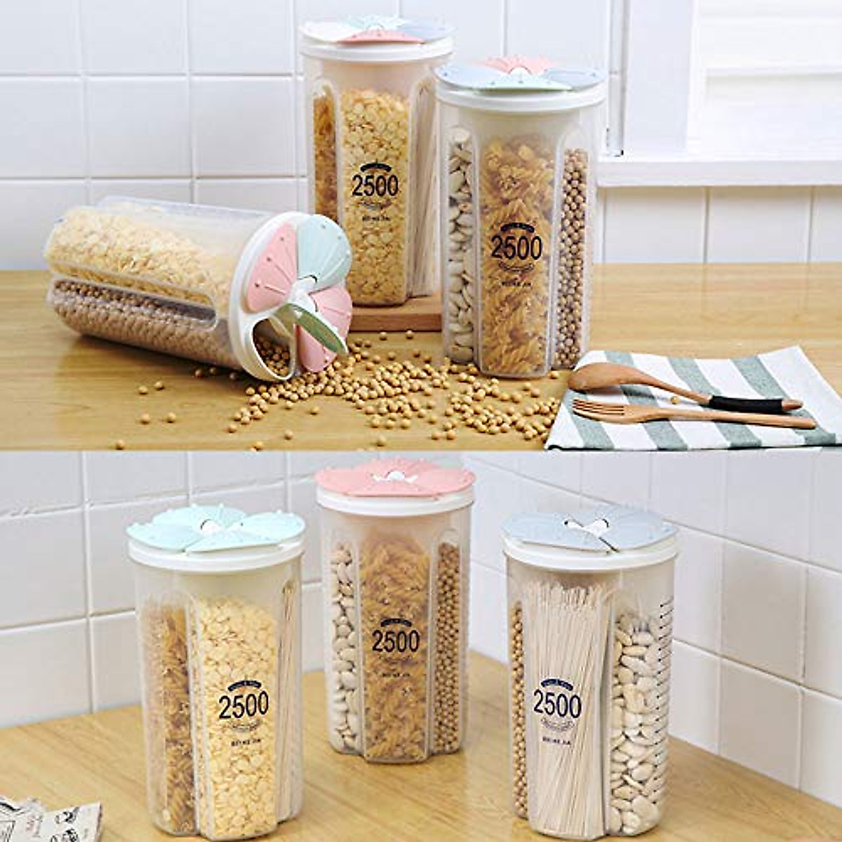 Cereal Storage Container, Airtight Food Storage Container BPA Free Plastic Cereal Dispenser Large Kitchen Storage Keeper with Lids and Compartments for Grain, Sugar, Flour, Rice, Nuts, Snacks (2.5L)