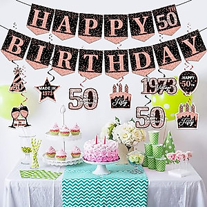 KORHONEN 50th Birthday Decorations for Women, Pink and Black 1973 Birthday Party Decorations Include Happy 50th Birthday Banner and Hanging Swirls, Happy 50th Bday Party Decor for Women