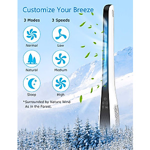 BREEZEWELL 43 Inch Bladeless Tower Fan w/ 3 Wind Speeds & 3 Modes, 15-Hour Timer, Remote Control, Ultra-quiet & Slim 45° Oscillating Personal Fan for Whole Room Home & Office