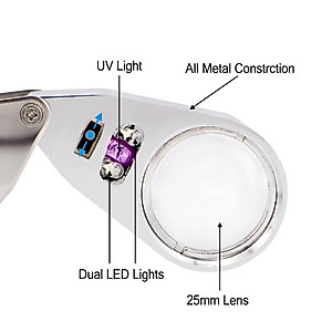 iKKEGOL 40X 25mm All Metal Magnifier Jeweler LED UV Lens Jewelery Loupe Magnifier (LED Currency Detecting/Jewelry Identifying Type)