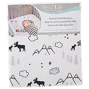 Lumberjack Moose Deluxe Flannel Fitted Crib Sheet-Moose and Mountain Print, Cotton Flannel, Black, Gray, White, Fully Elasticized, 10 in Deep Pockets, Fits Standard Crib Mattress 28 in x 52 in