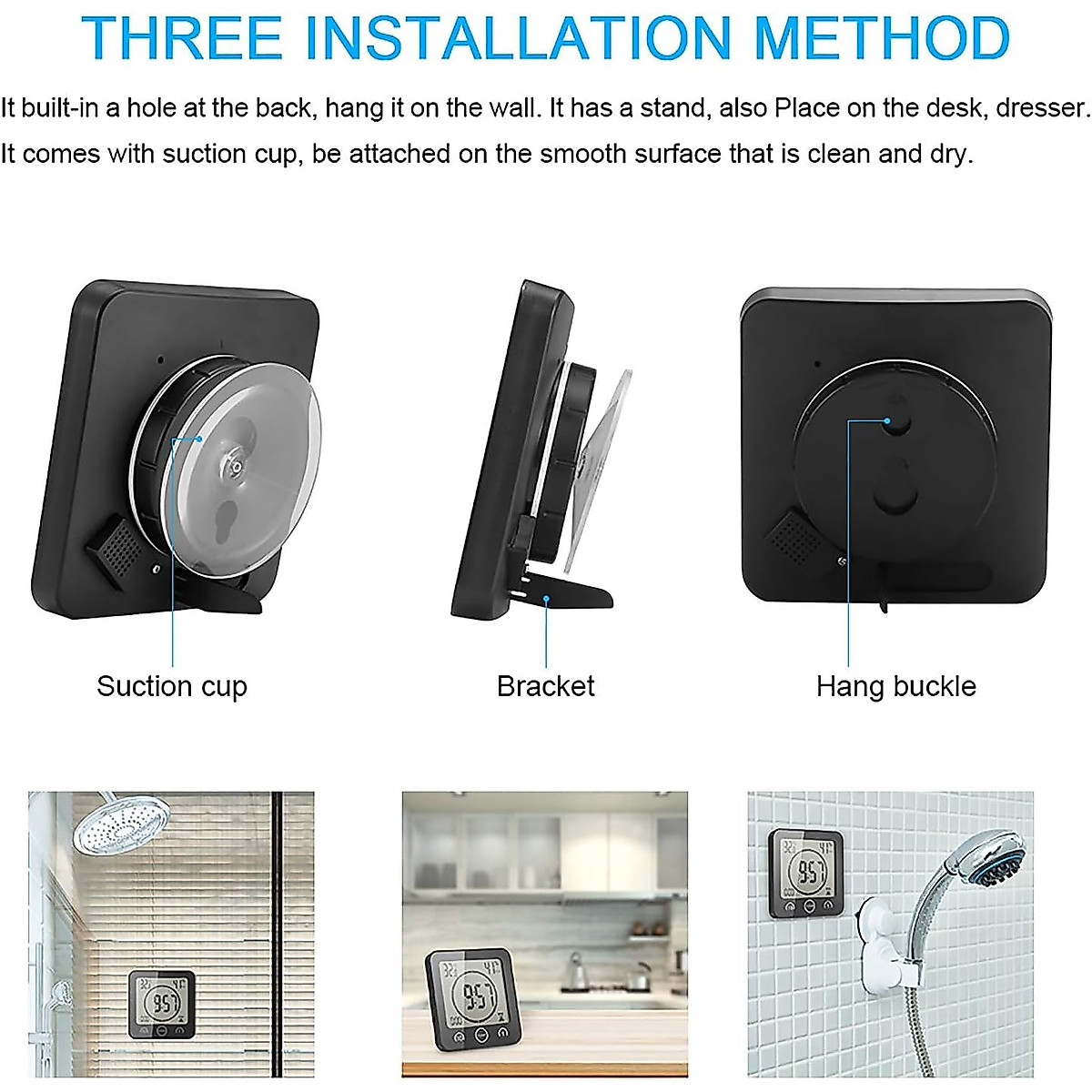 Shower Clock Waterproof Wall Clock Bathroom Clock Sunsbell Shower Cock Digital Temperature Humidity Display with Suction Cup, Touch Screen Timer for Kitchen Bathroom