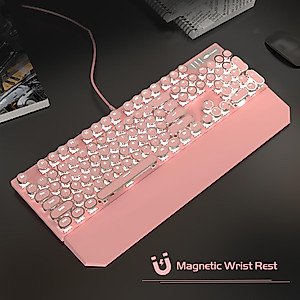 MageGee Typewriter Mechanical Gaming Keyboard, Retro Pink Punk Round Keycaps LED White Backlit Wired Keyboards with Detachable Wrist Rest for Game and Office, for Windows Laptop PC Mac - Blue Switches