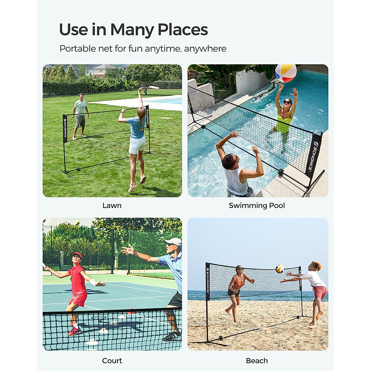 SONGMICS 10 ft Badminton Net, Height Adjustable Volleyball Net, Pickleball Net with Poles, Foldable Nylon Net for Tennis Indoor Outdoor Court, Black USYQ300HV1