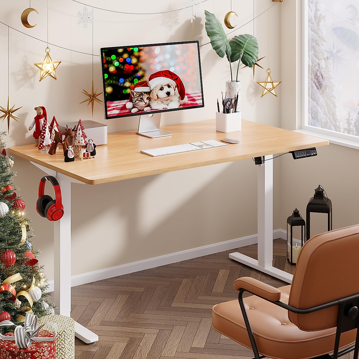 Walsunny Electric Height Adjustable Standing Desk, 55 x 24 Inches Splice Board, Sit Stand Up Computer Table, Computer Workstations for Home Office, White Frame/Walnut Top