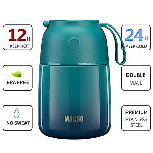 MAXSO Soup Thermo for Hot & Cold Food for Adults Kids, 17 oz Vacuum Insulated Steel Lunch Container Bento Box with Spoon, Leakproof Thermal Food Jar for School Office Travel - Blue Green