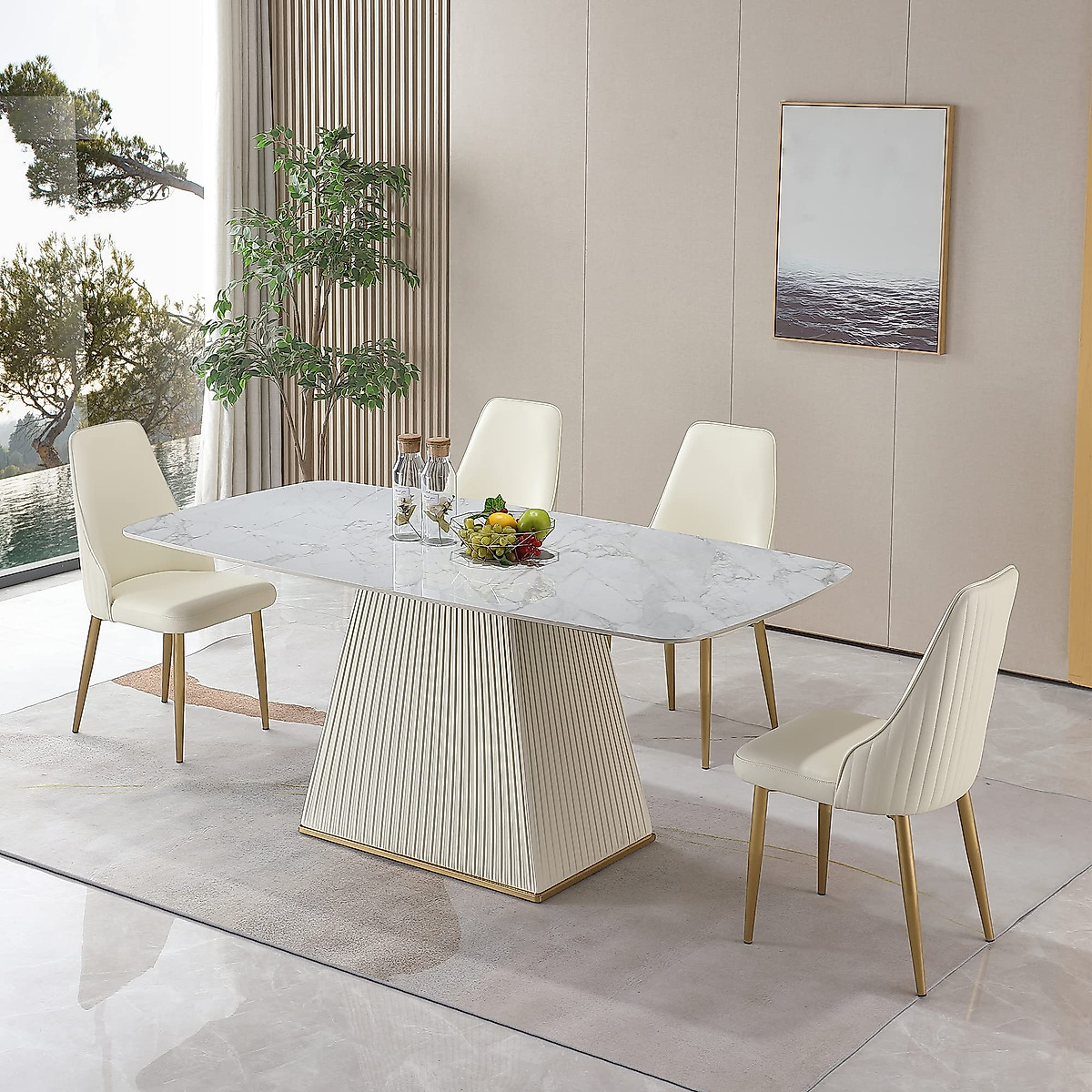 Montary 71” Modern Rectangle Dining Table for 6-8 Seat, White Marble Dining Table with Sintered Stone Tabletop and Horseshoe-Shape Design Carbon Steel Leather Base (Only Table)