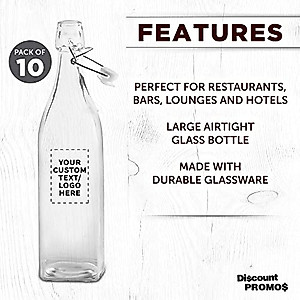 Custom Square Glass Water Carafe Bottles with Wire Lids 14 oz. Set of 10, Personalized Bulk Pack - Perfect for Juices, Smoothies, Milk, Condiments - Clear