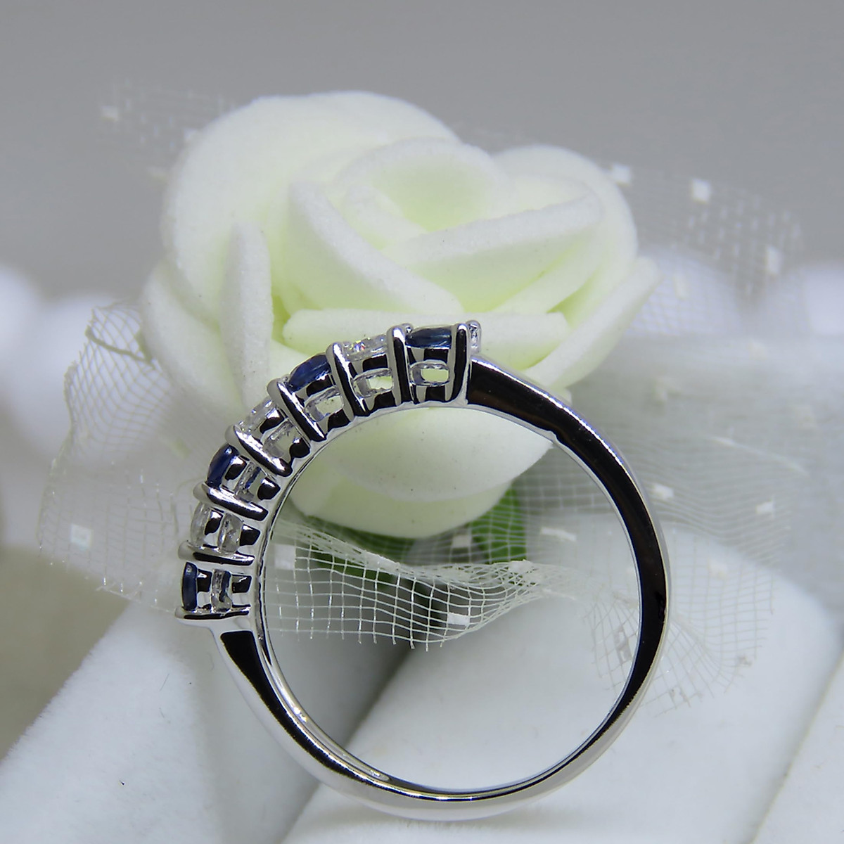 Dazzlingrock Collection 2.5mm Alternate Round Blue Sapphire and White Diamond 7 Stone Wedding Band for Women in 10K White Gold Size 7