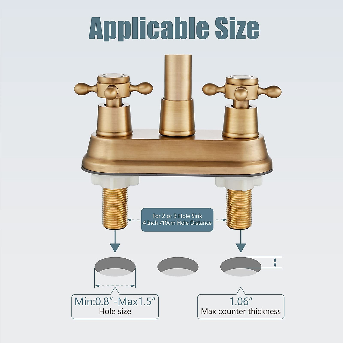 Aolemi Antique Brass 4 Inch Centerset Deck Mounted Bathroom Sink Faucet Vintage with 2 Cross Handles RV Mixer Tap Basin Vanity Lavatory Utility for Sink 3 Hole Include Water Hose & Pop Up Drain