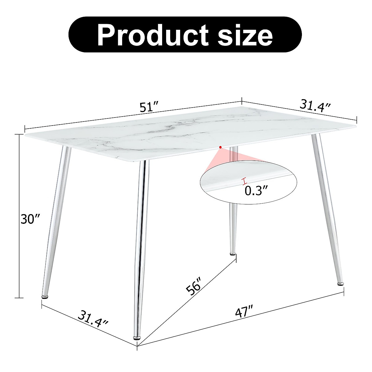 KEVINSPACE Dining Table, 51 Inch Modern Kitchen Table with White Imitation Marble Craft Glass Table Top and Silver Metal Legs, Modern Dining Table for Living Room, Dining Room, Home and Office, White