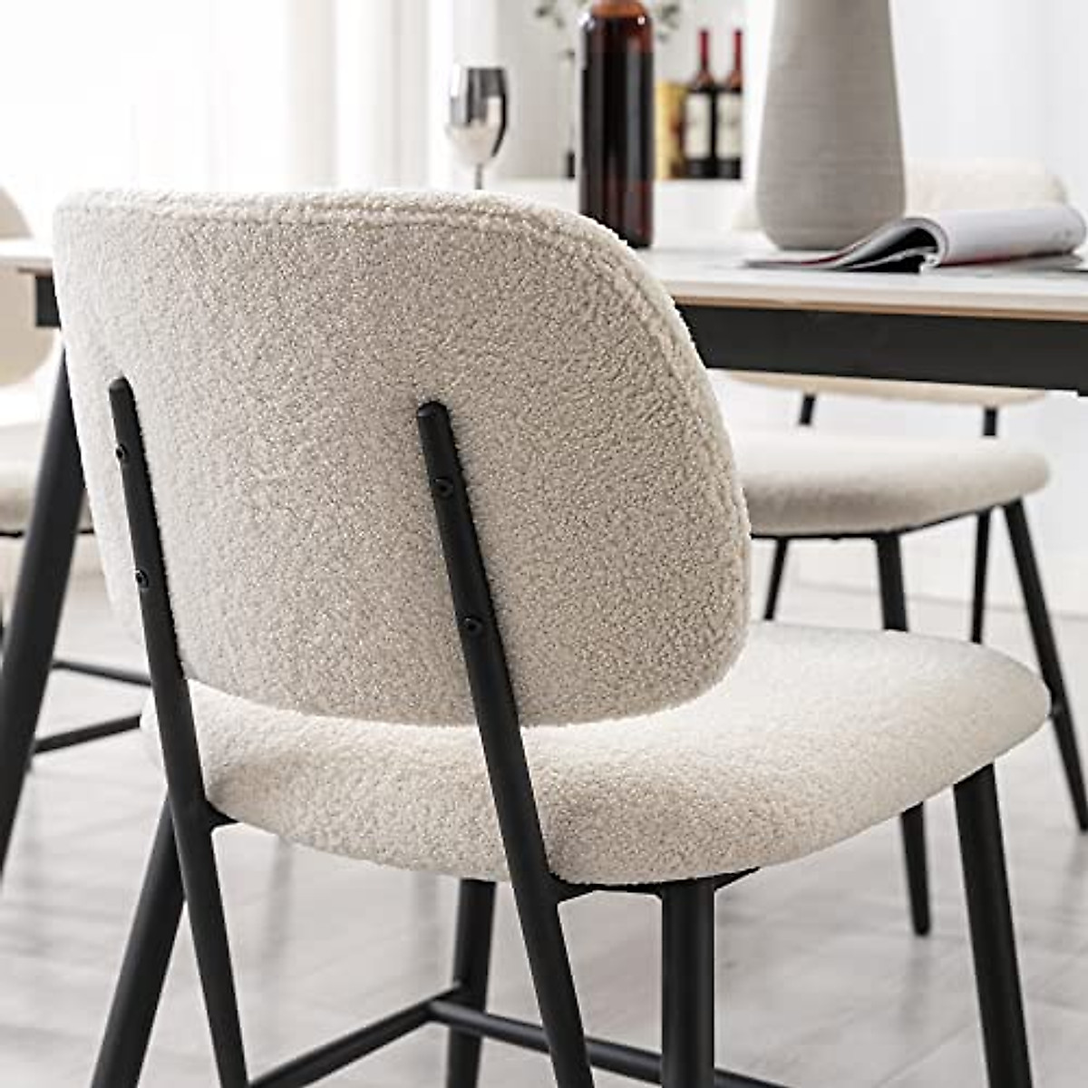 JIRAIN Mid Century Modern Upholstered Dining Chairs, Modern Boucle Fabric Accent Chairs Sherpa Chairs with Metal Legs for Living Room Farmhouse, Set of 2, Black