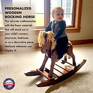 LifeSong Milestones Personalized Solid Oak Wooden Rocking Horse Cherry Toy for Toddlers Childrens and Kids Housewarming Nursery Gift Decorations Handcrafted in The USA Size: 34" L x 11.5" W x 24" H.