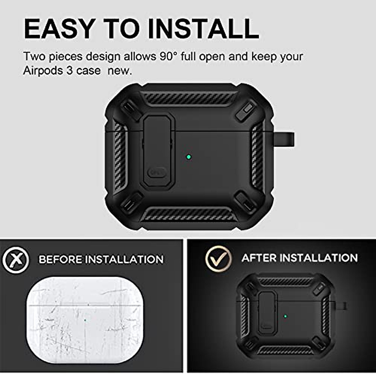 OETKER Compatible AirPods 3 Case Cover, Secure Lock Clip Full-Body Rugged Airpods 3rd Generation Shockproof Case Hard Shell for Men Women with Keychain for Airpod Gen 3 Charging Case 2021,Black