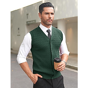 COOFANDY Men's Sleeveless Sweater Vest V-Neck Casual Cable Knit Button Down Cardigan Vest Green