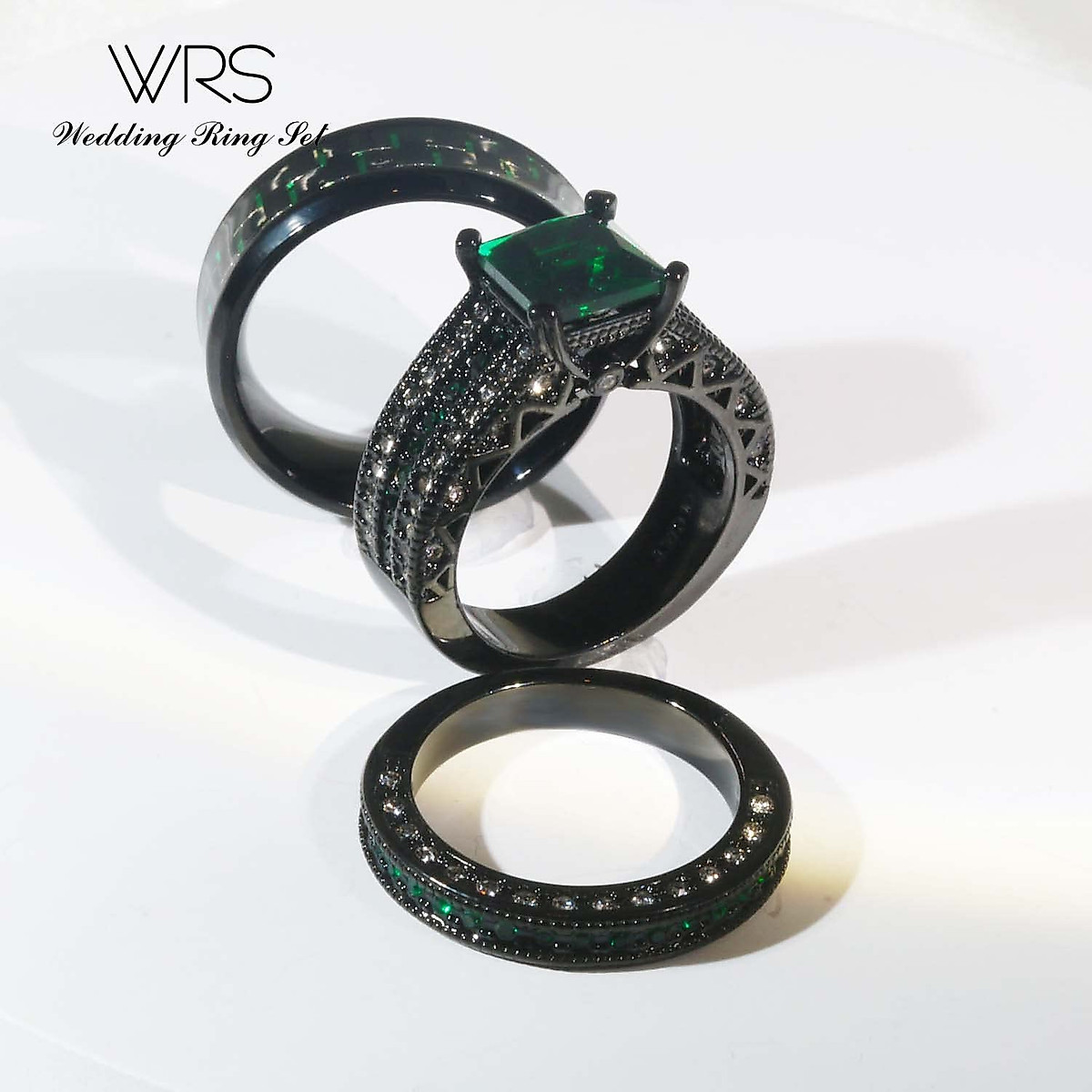 Two Rings His Hers Wedding Ring Sets Couples Matching Rings Women's Black Gold Filled Green CZ Wedding Engagement Ring Bridal Sets Men's Stainless Steel Wedding Band