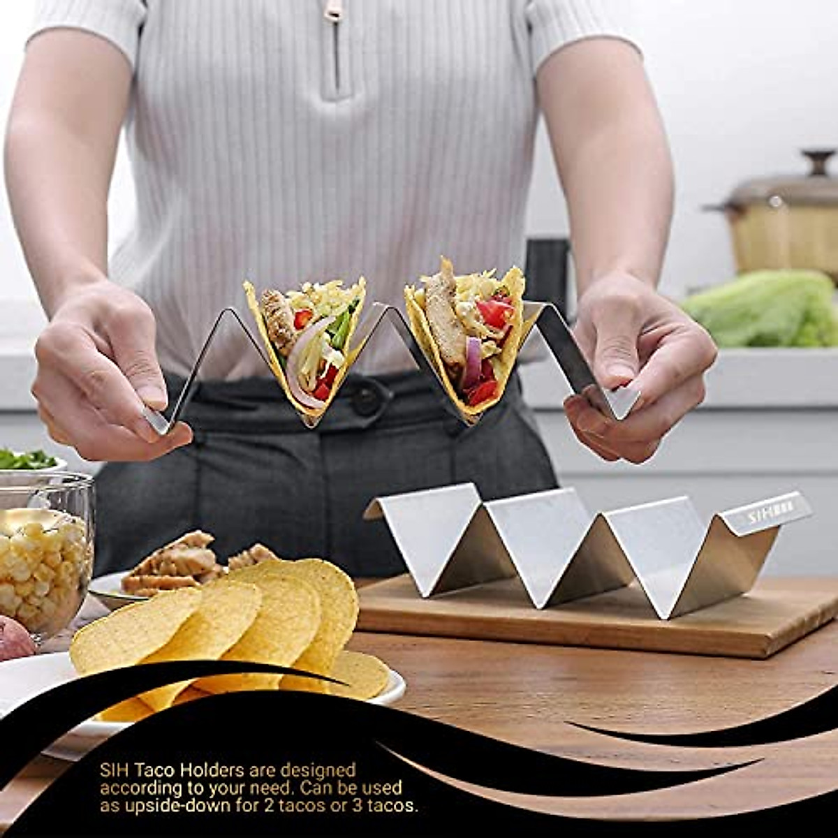SIH Taco Holders –Taco Holders Set of 4, Oven and Grill Friendly Metal Taco Holder Stand - Dishwasher Safe and Easy to Use Taco Racks (4x8″)
