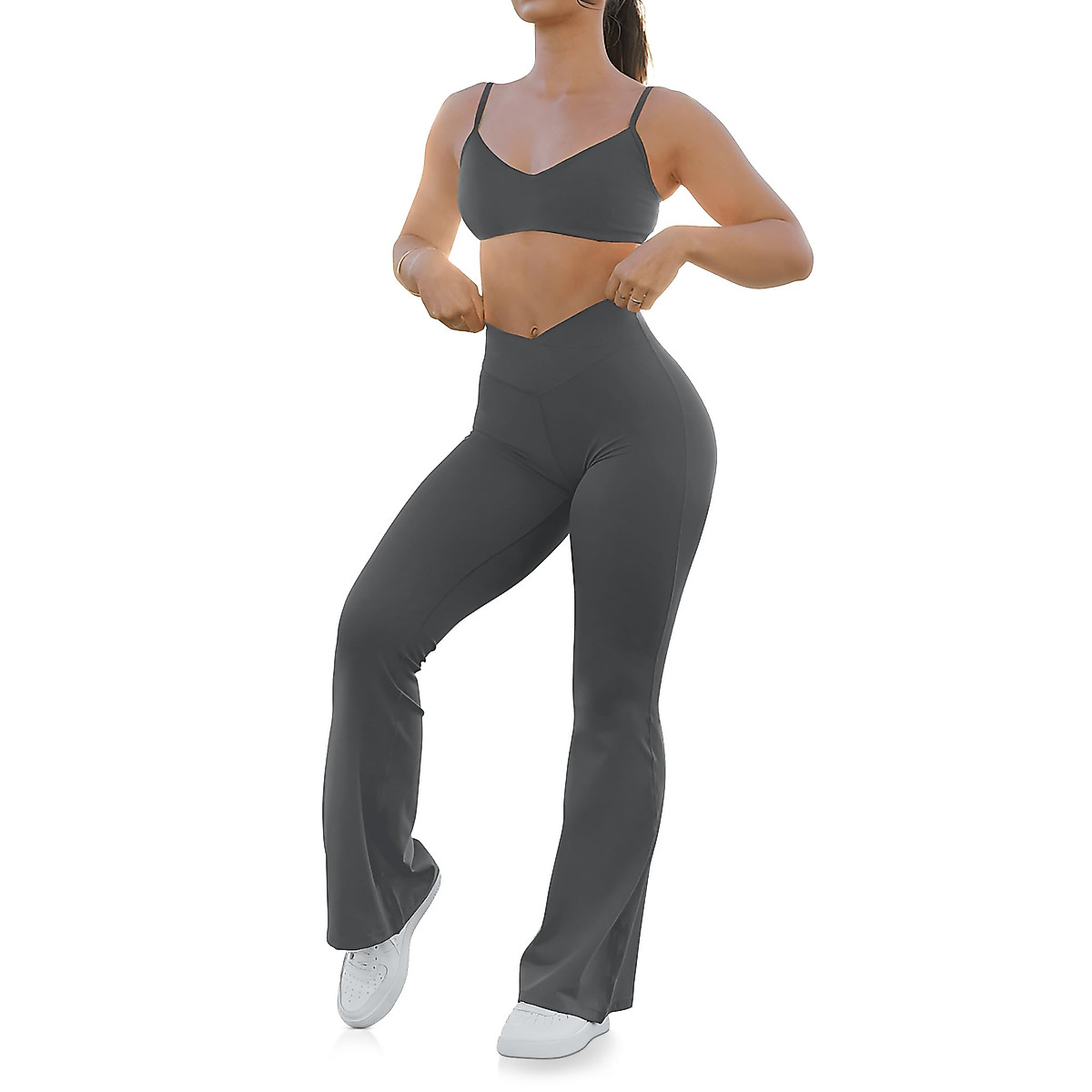 HEGALY Women's Flare Yoga Pants - Crossover Flare Leggings High Waisted Bootcut Bell Bottom Workout Sweatpants Dark Grey