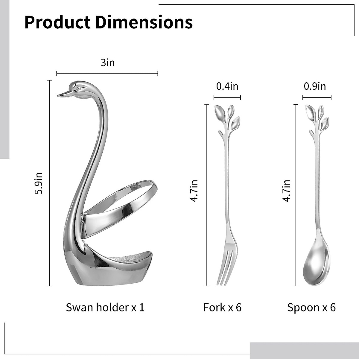 13 Pieces Spoon and Fork Set with Silver Swan Base, Stainless Steel 4.7-inch Coffee Spoons Forks with Silver Small Swan Base Holder Set, Dessert Tea Spoon Set