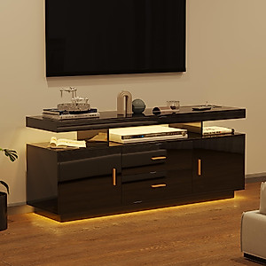 LVSOMT High Gloss Entertainment Center with 3-Colors Lighting, LED Modern TV Stand for 65+ inch TV, Home Storage Cabinet, Console Media Cabinet for Living Room (Pearl Black)