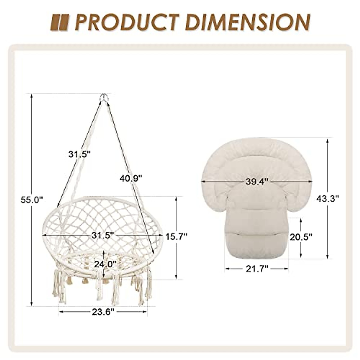 Hammock Chair with Cushion, Handmade Macrame Swing Chair with Hanging Hardware Kits, Bohemian Style Cotton Rope, Hanging Chair for Indoor Outdoor, Bedroom, Living Room, Patio -330lbs Capacity