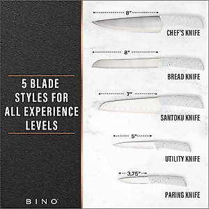 BINO 5-Piece Stainless Steel Kitchen Knives Set with Sheath - Speckled White | Chopping Knife | Serrated Utility Knife | Santoku Knife | Bread Knives | Cutting | Cooking | Meal Prep | Chefs Knife Set