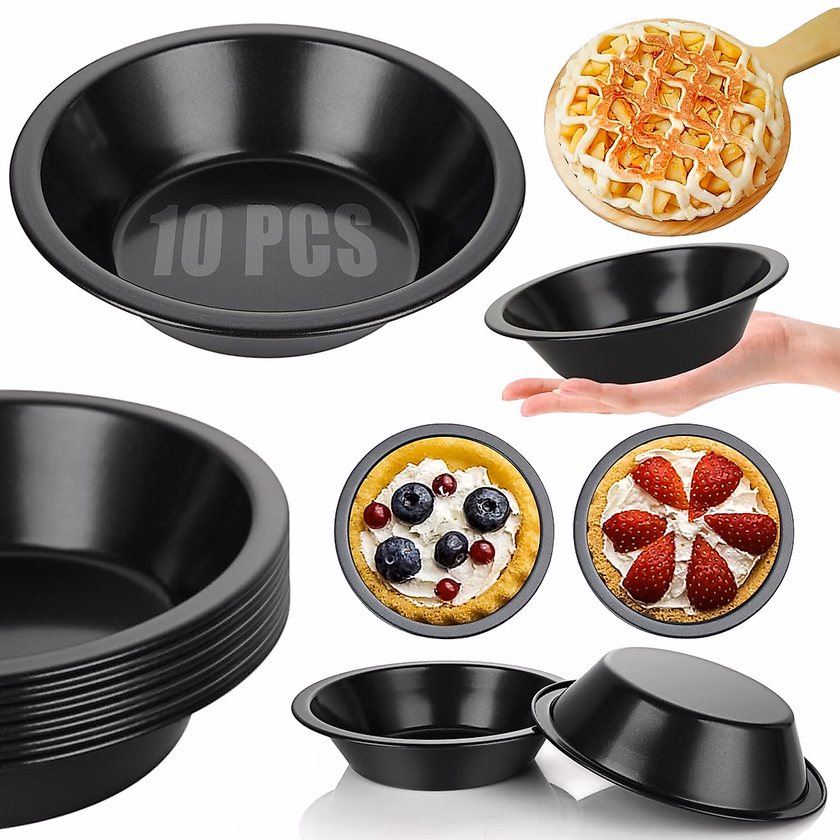 RHBLME 10 Pack Mini Pie Tins, 4 Inch Nonstick Small Pans, Carbon Steel Individual Pans for Baking Dessert, Fruit and Beef, Oven & Dishwasher Safe