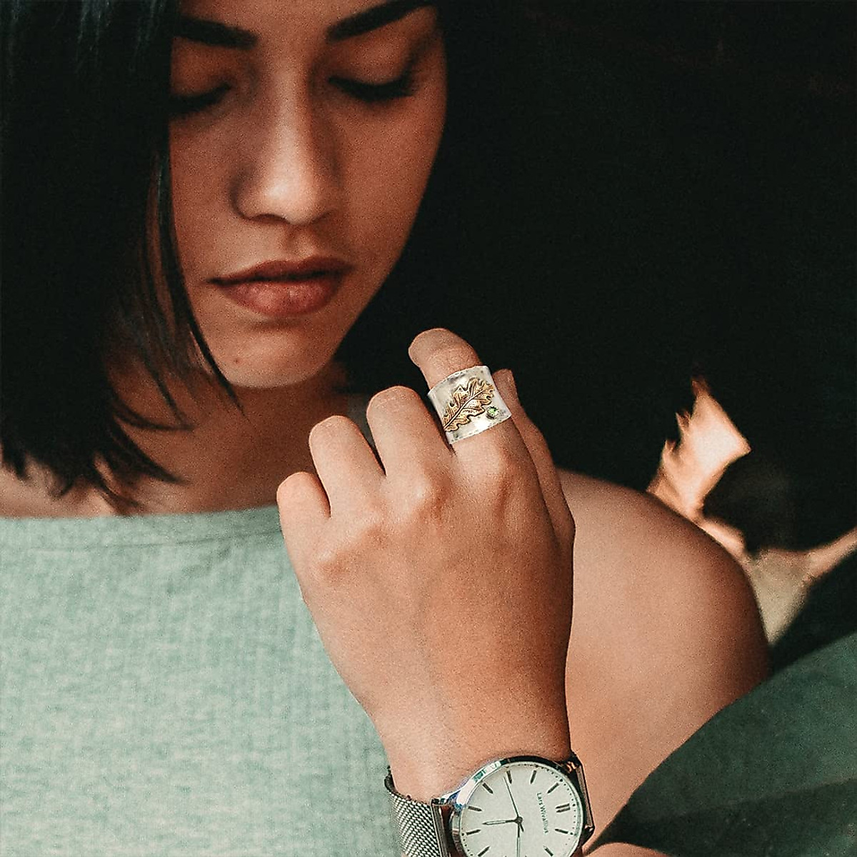 SWBRJ Big Leaf Wide Band Ring for Women,Retro Silver Large Leaf Chunky Ring,Thumb Index Full Finger Ring Jewelry (Ring_Leaf, 8)