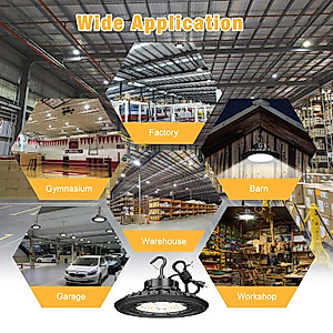 JC-LGL UFO LED High Bay Light 300W 4Pack,High Lights 45,000LM(1250W MH/HPS Eqv.) Dimmable 6' Cable with Plug,Hanging Hook,Safe Rope,ETL Listed for Warehouse Factory Barn Shop,Black