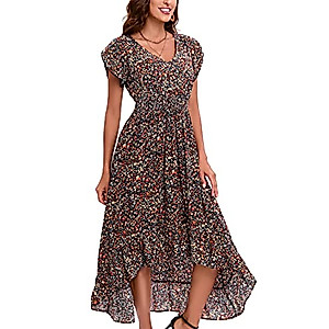 HALCYEEN Floral Printed Wrap Butterfly Sleeve V-Neck Summer Dresses Lace Up High Low Beach Party Midi Dress