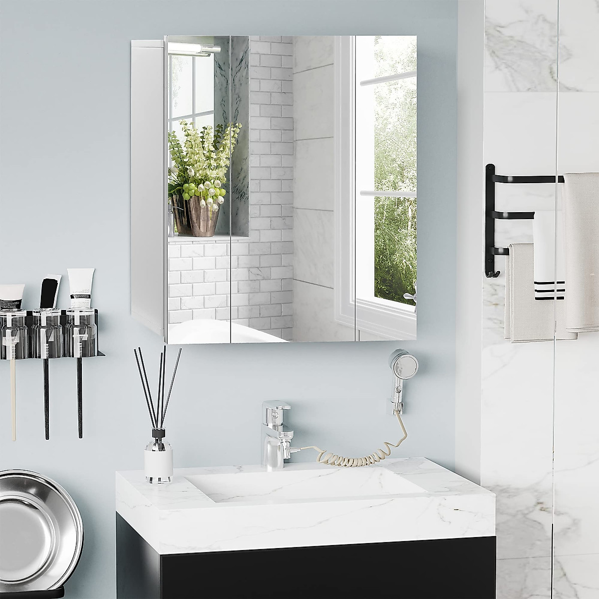 kleankin Bathroom Medicine Cabinet with Mirror, Wall Mounted Bathroom Mirror Cabinet with 3 Doors, Adjustable Shelves and Soft Close Mechanism, White