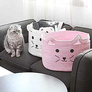 Sea Team Large Cotton Rope Storage Basket with Handles, Woven Storage Bin, Nursery Storage Box, Toys Clothes Organizer, Fabric Pet Storage Basket, Nest for Cat, Dog, 16.5 x 11.8 x 11 inches, Pink