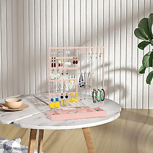 X-cosrack Earring Organizer Holder, 5-Tier Ear Stud Holder with Wooden Tray, Jewelry Towers for Earrings Necklaces Bracelets Watches and Rings,Earring Display Stand, Pink