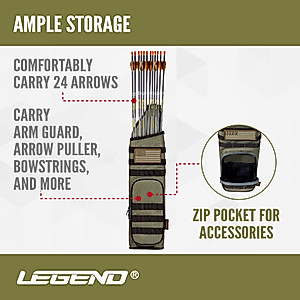Legend Back Quiver - Tactical Arrow Holder, High-Density Polyester Fabric, Extra Shoulder Foam Padding - MOLLE System for Patches, Pouches - Zippered Storage for Archery & Hunting Accessories - Green