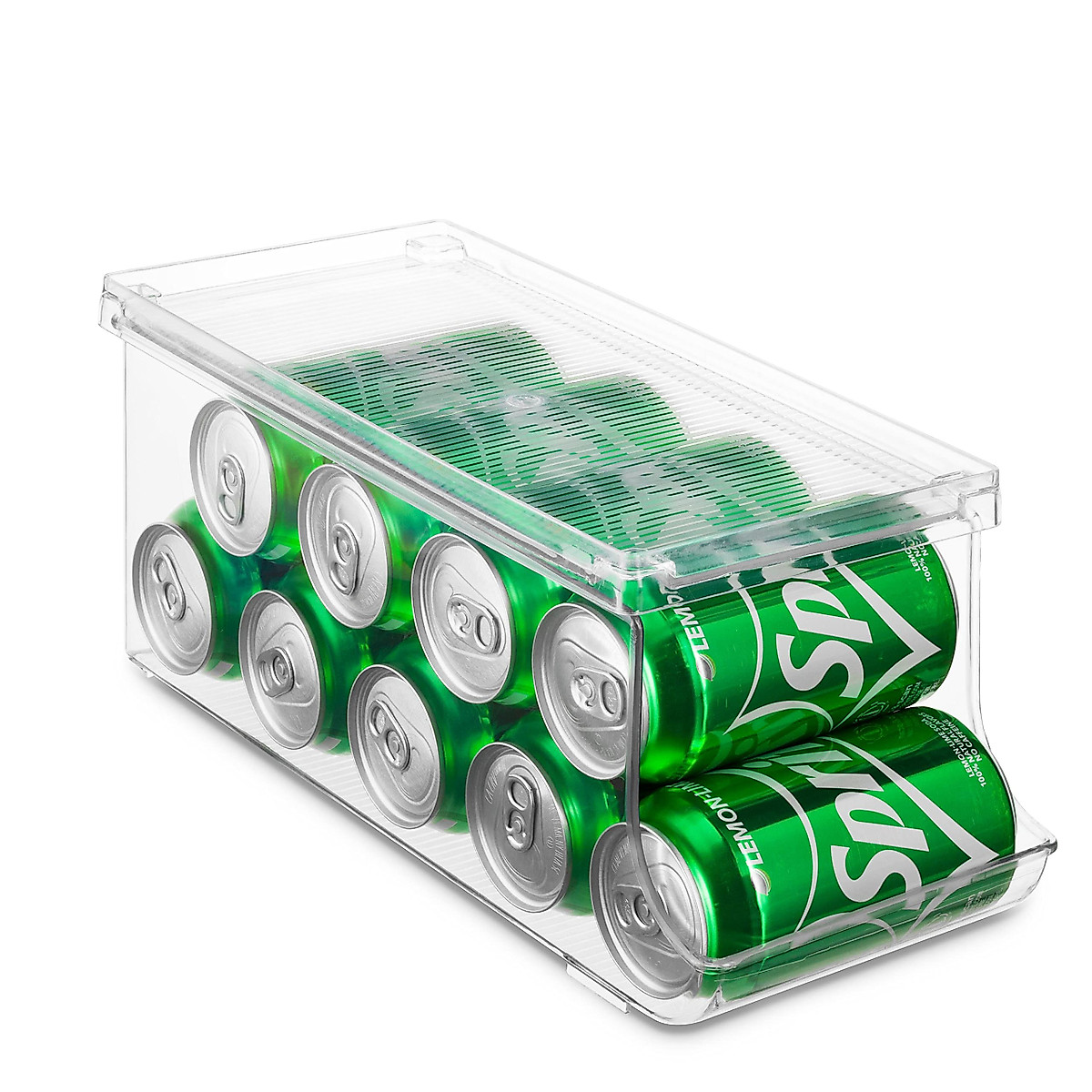 Set of 2 Stackable Refrigerator Organizer Bins Pop Soda Can Dispenser Beverage Holder for Fridge, Freezer, Kitchen, Countertops, Cabinets - Clear Plastic Canned Food Pantry Storage Rack Holds 9 Cans