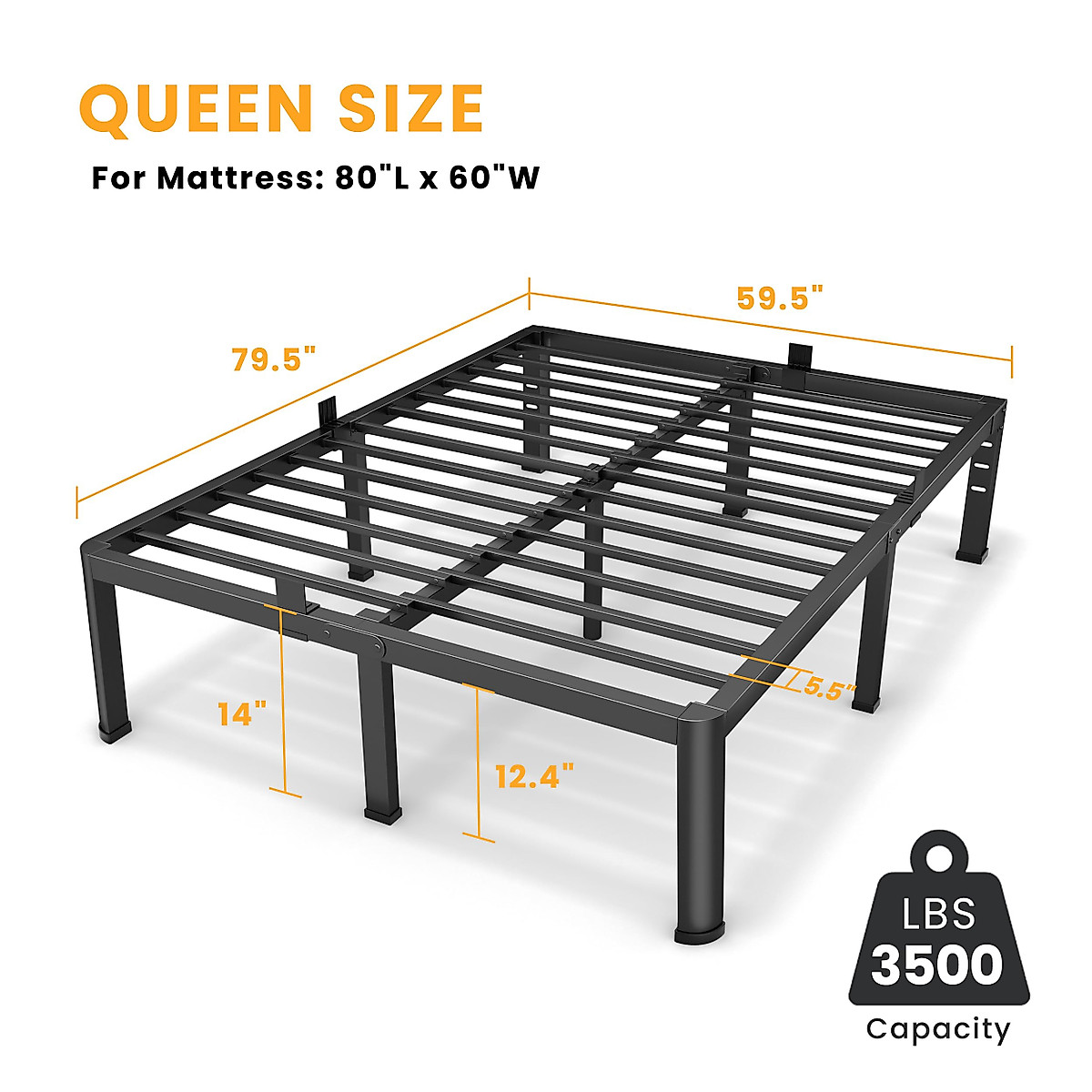 14 Inch Queen Size Platform Bed Frame with Under-Bed Storage Space, Heavy Duty Metal Bed Frame No Box Spring Needed, Sturdy Round Corner Bed Frame Strong Bearing Capacity, Easy Assembly, Noise Free