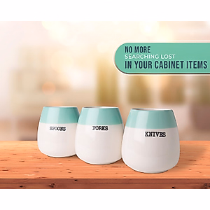 Ceramic "Honeypot" Cutlery Holder - Set of 3 - Farmhouse Silverware Caddy for Kitchen Countretop - Decorative Spoon, Fork & Knife Holder for Parties & More - Rustic Caddy Made of Premium Ceramic