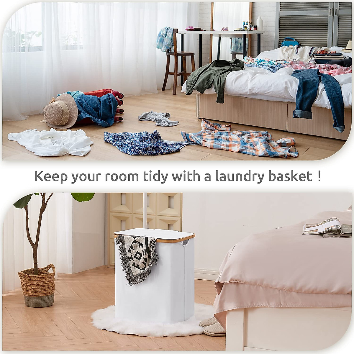 66L Laundry Hamper with Lid and Liner Bag, 19.7" Tall Laundry Basket with Handle, Waterproof and Collapsible Cloth Hamper for Bedroom and Bathroom, White