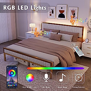 HOMFAMILIA King Size Bed Frame with Headboard, Upholstered White and Gold Platform Bed Frame w/LED Lights and Under-Bed Storage, No Box Spring Needed, Noise Free, Easy Assembly