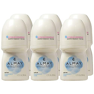 Almay Anti-Perspirant & Deodorant, Sensitive Skin, Roll-On, Fragrance Free, 1.7 Fl Oz (Pack of 6)