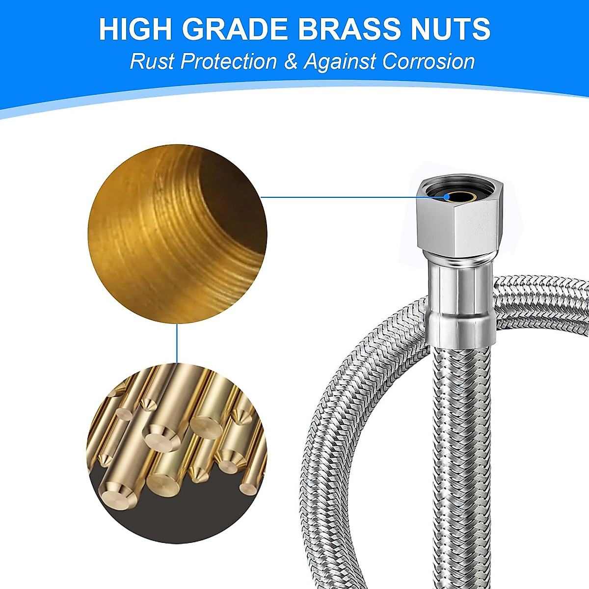 Universal Flexible Toilet Connector, 49-Inch x 3/8" Comp x 7/8" BC, Premium Braided Stainless Steel Toilet Water Supply Connector Line with Anti-Leaking Brass Nut