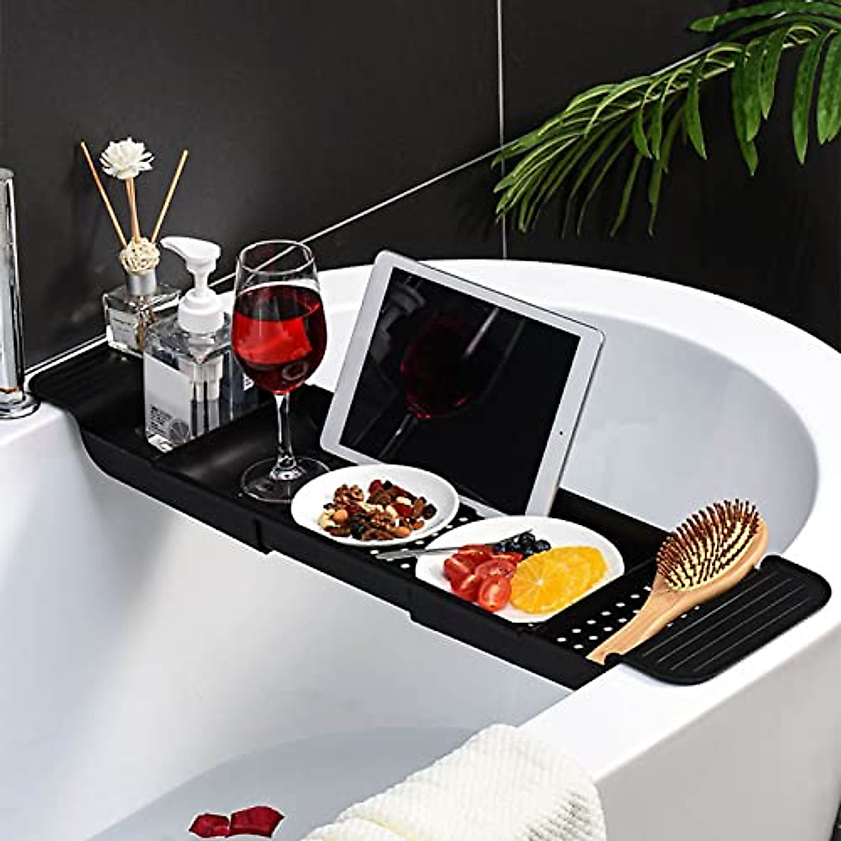 Bathtub Caddy Tray, Bathtub Accessories with Draining Design Breathable Without Moisture, Stable Placement, Can Hold Variety of Items, Expandable Plastic Bath Shelf (Black)