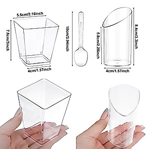 300 Pack Mini Dessert Cups with Spoons Clear Plastic Parfait Appetizer Cup Slanted Round Cup for Desserts Heart Square Clear Parfait Cups for Tasting Party Shooters Desserts (Round, Square, 3oz, 5oz)