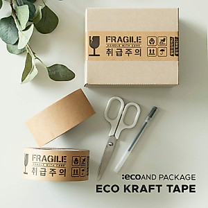 ECOAND Brown Kraft Paper Tape, 2” x 43 Yards, Writable Non-Coated Surface for Masking, Sealing, and Packaging Use, Eco-Friendly and Recyclable, Easy-to-Tear (Non-Printed)