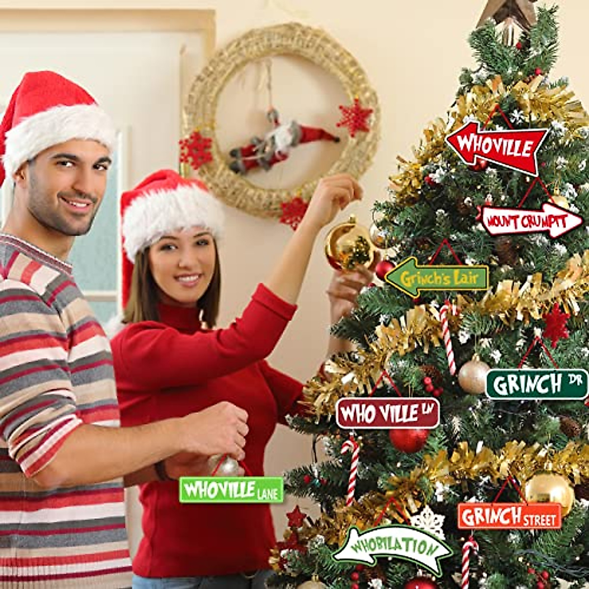 Christmas Tree Decorations, 16Pcs Grinch Christmas Ornament Paper Cards Hanging Welcome to Whoville Christmas Tree Decorations for Winter Christmas Furry Grinch's Lair Themed Party Favor Supplies