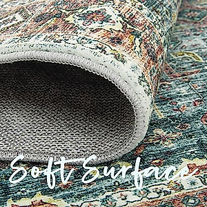 COZYLOOM Washable Rug 9x12 Large Area Rug Ultra-Soft Tribal Distressed Floor Cover Floral Print Accent Thin Rug Foldable Traditional Indoor Rug Retro Carpet for Living Room Bedroom Office Brown/Green