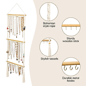 UREYMX Hanging Jewelry Organizer Macrame Necklace Holder, with 30 Hooks, Over Door Necklace Rack, Wall Mounted Jewelry Hanger with Tassel Boho for Necklace Headband Bow Earring Bracelet