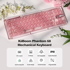 KiiBoom Phantom 68 65% Hot Swappable Crystal Gasket-Mounted Mechanical Keyboard, BT5.0/2.4GHz/USB-C Wired Wireless NKRO Gaming Keyboard with South-Facing RGB, 4000mAh Battery for Win/Mac(Pink)