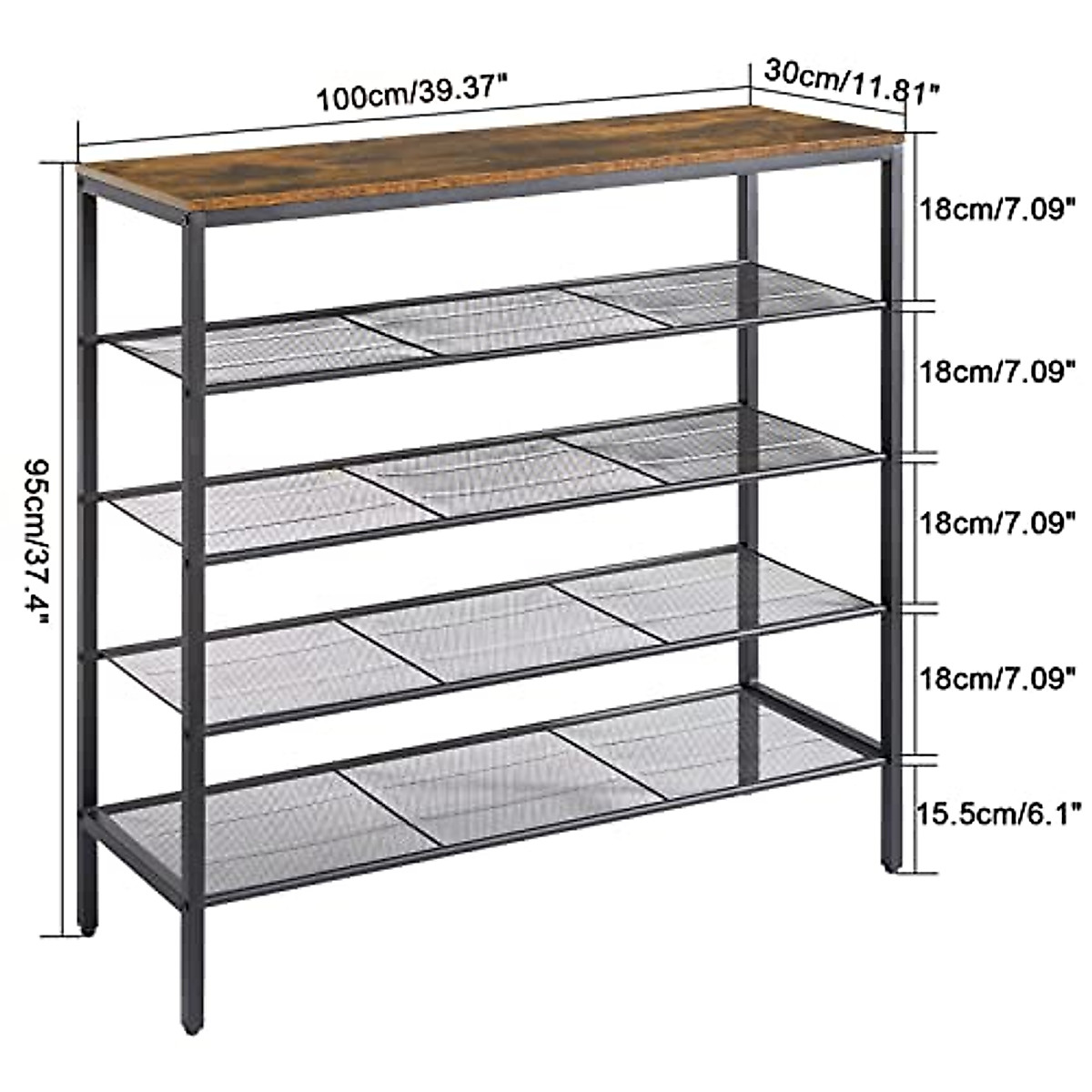 YMYNY Industrial Shoe Rack, 5-Tier Shoe Storage Organizer with 4 Mesh Shelves for 16-20 Pairs, Shoe Shelf for Entryway, Hallway, Closet, 39.4 x 11.8 x 37.4, Metal Frame, Rustic Brown, HD-UHTMJ084H