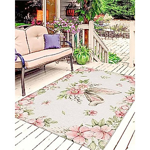 Easter Outdoor Rug for Patio/Deck/Porch, Non-Slip Area Rug 5x8 Ft, Bunny Ears Pink Spring Floral Botanical Rustic Burlap Indoor Outdoor Rugs Washable Area Rugs, Reversible Camping Rug Carpet Runner